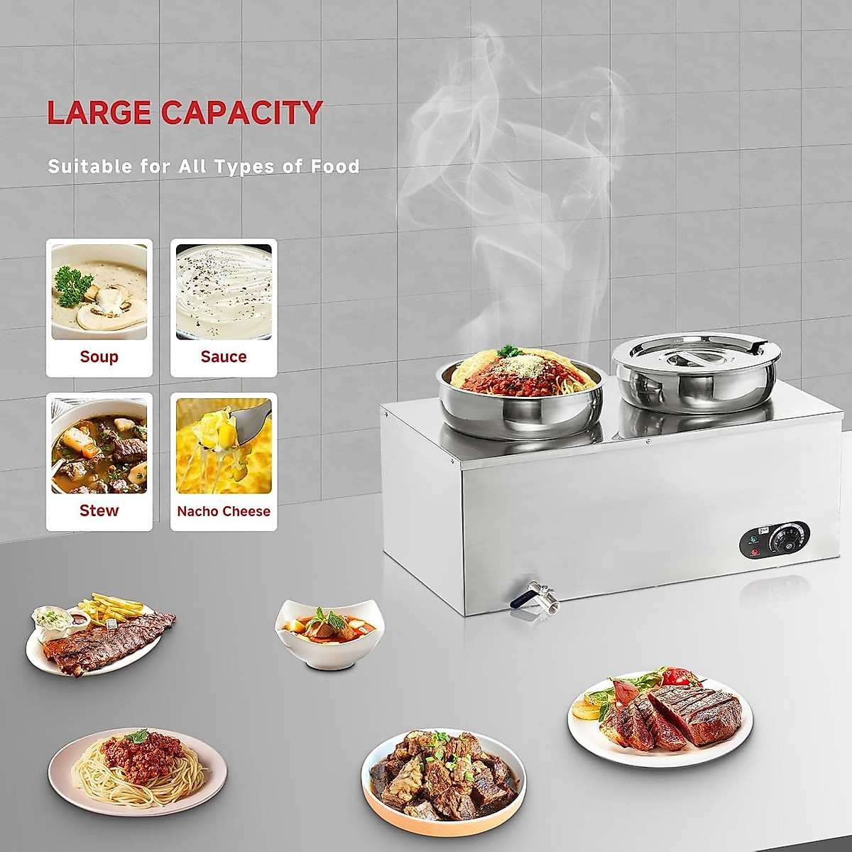 MOVECOM Food Warmer 2X7.4QT 86-185°F Commercial Soup Warmer, Steam Table Food Warmer Electric Station with Stainless Steel 1200W Round Pots for Restaurants, Parties, Buffets