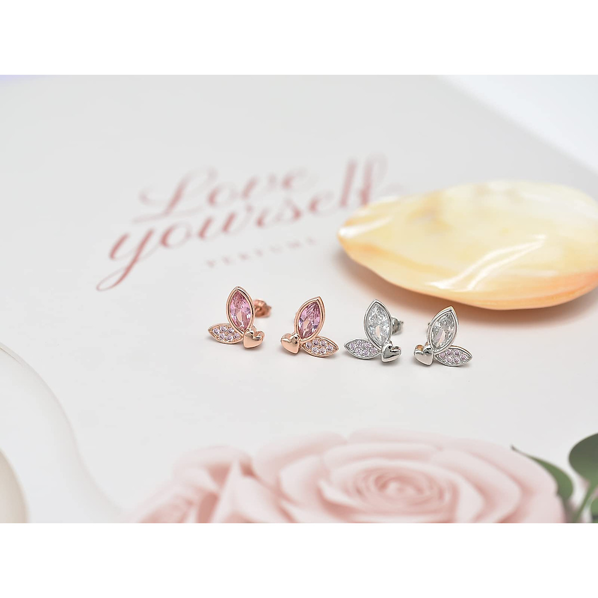 Butterfly Stud Earring for Girls - Sterling Silver Cubic Zirconia Half Butterfly Wing Earrings Dainty Hypoallergenic Heart Studs Earrings for Sensitive Ears Birthday Jewelry Gifts for Women Daughter