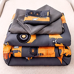 NTBED 4 Pieces Construction Toddler Bedding Set for Baby Boys, Truck Vehicles Excavator Cars Printed, Includes Comforter, Flat Sheet, Fitted Sheet and Pillowcase,Grey