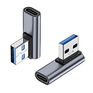 AreMe 90 Degree USB C Female to USB Male Adapter 2 Pack, Left Angle Type C to USB A Charger Converter for iPhone, Apple iWatch Watch, Airpods, iPad Air Mini and More