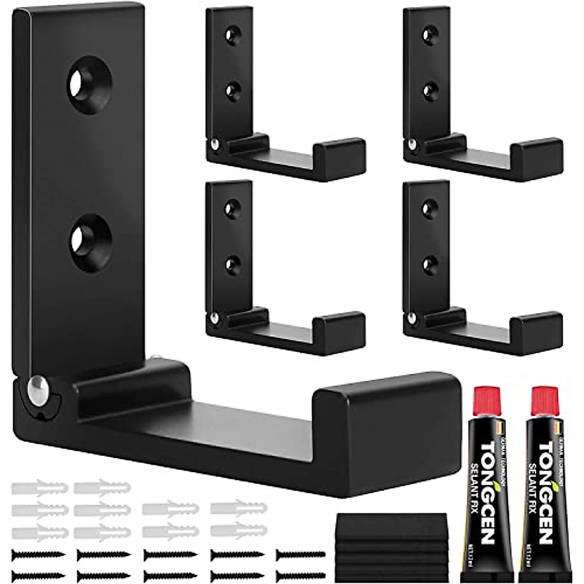 Folding Coat Hooks, 5 Pcs Heavy Duty Wall Hooks, Aluminum Alloy Adhesive Foldable Headphone Holder Hooks Wall Mounted with 10 Screws for Hanging Coat, Hat, Towel, Bag, Black