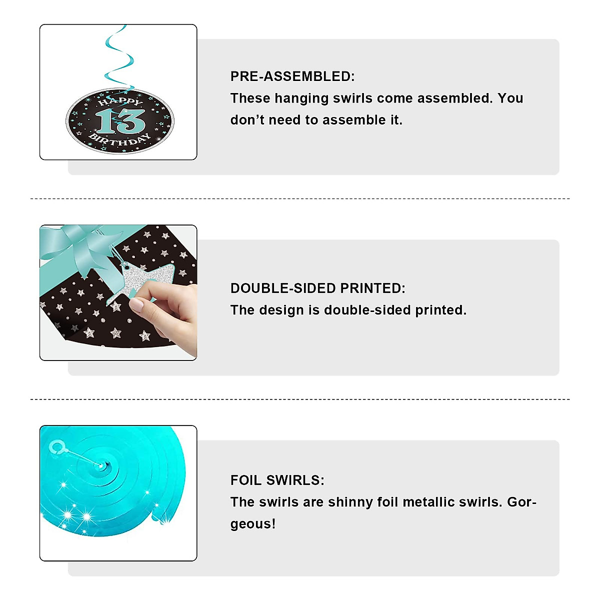 Happy 13th Birthday Party Hanging Swirls Streams Ceiling Decorations, Celebration 13 Foil Hanging Swirls with Cutouts for 13 Years Teal Silver Black Blue Birthday Party Decorations Supplies