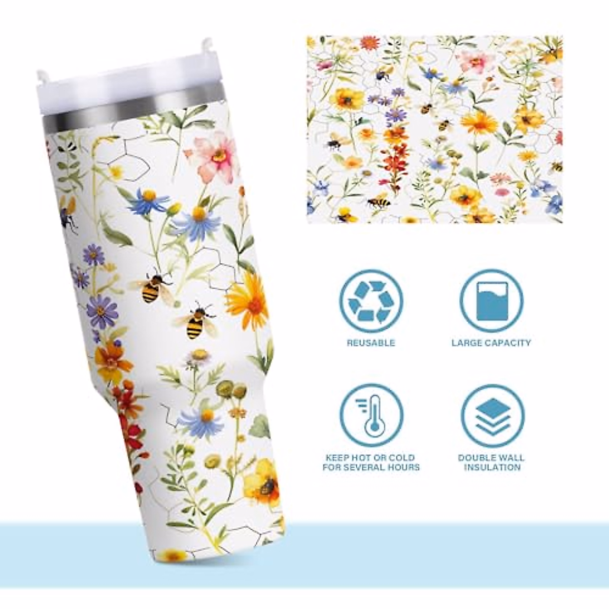 RPLIFE Watercolor Wildflowers Tumbler, Stainless Steel Cup, Tumbler with Lid and Straw