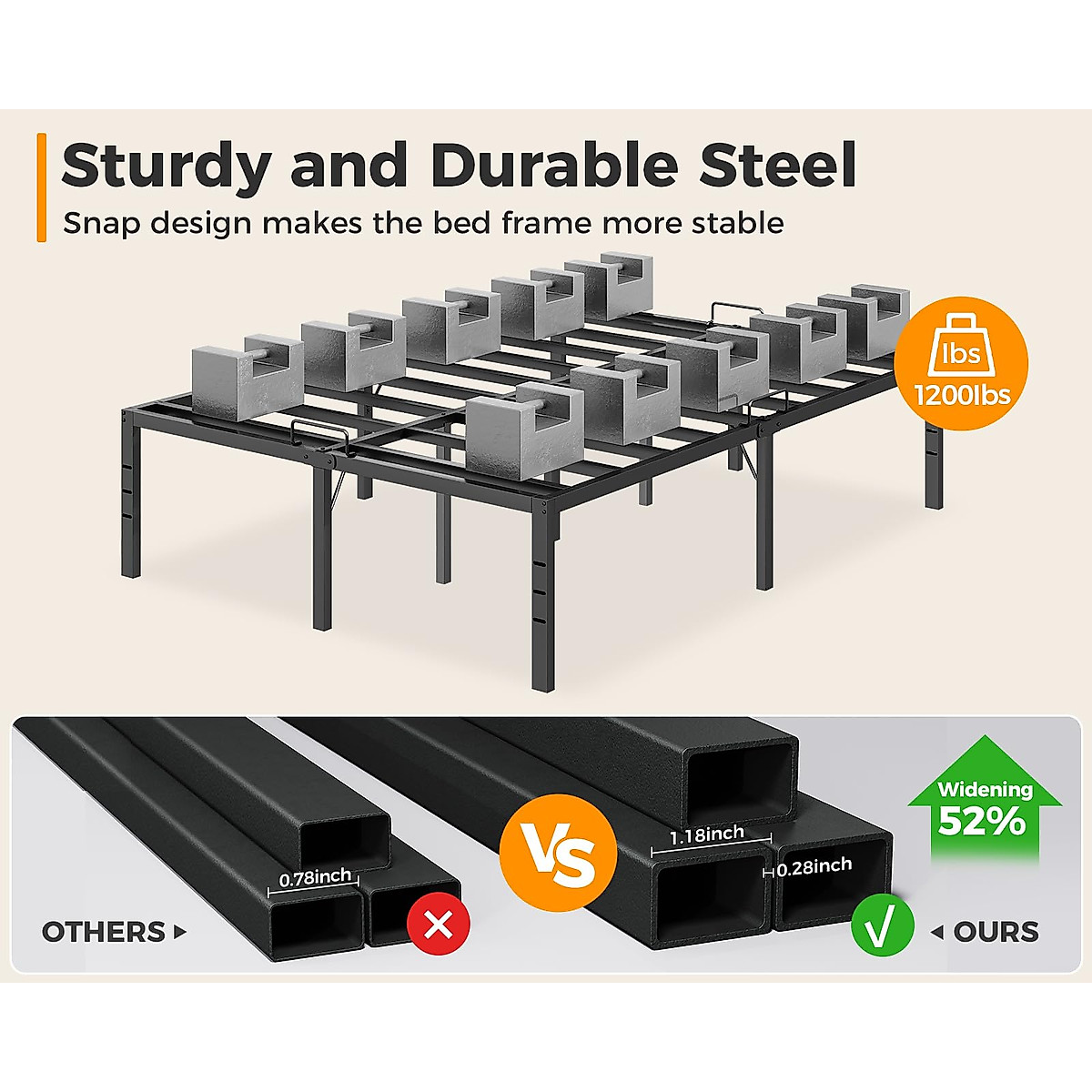 KKL Queen Bed Frame, 18 Inch Heavy Duty Steel Platform with Mattress Anti-Slip Rods, Bed Frame with Underneath Storage Space, No Box Spring Needed, Easy Assembly, Black