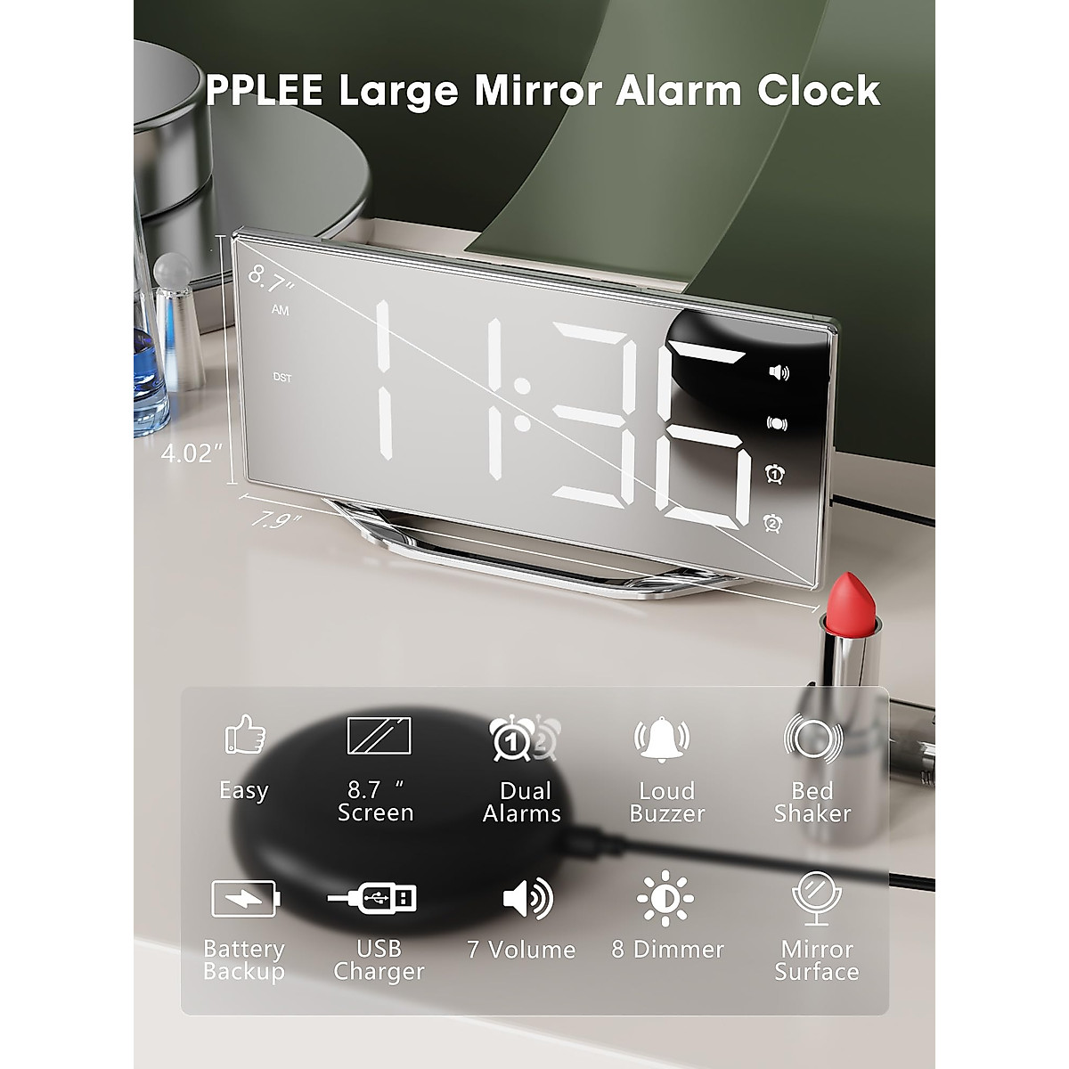 Extra Loud Vibrating Alarm Clock with Bed Shaker for Deep Sleepers Adult Hearing impaired Deaf, Dual Alarms Digital Clock for Bedroom,8.7'' Large Mirror LED Display,USB Charger,Battery Backup,Dimmable