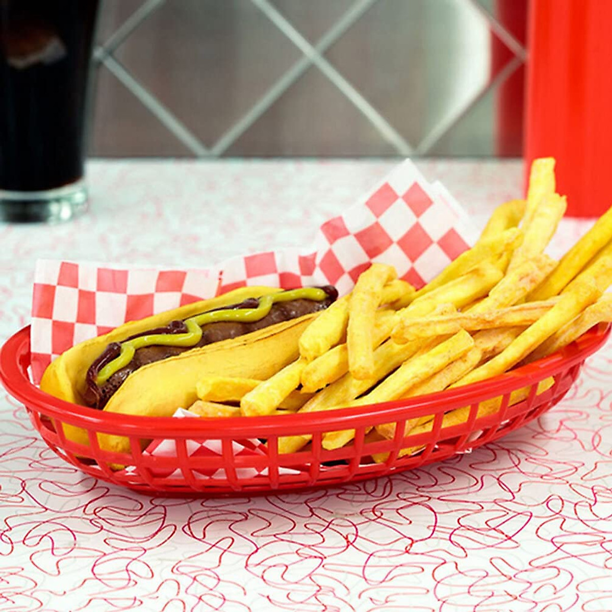 Luxshiny 6pcs Fast Food Baskets Plastic Oval Food Serving Tray Reusable Bread Fry Basket Burgers Storage Plates Fruit Baskets for Hot Dogs Sandwiches Chip Barbecues Picnics Red