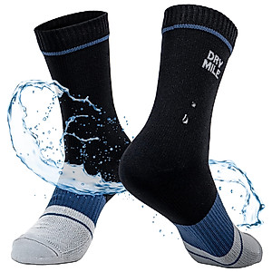 DRYMILE Slim Waterproof Socks, Thin Moisture Wicking Winter Waterproof Socks for Men & Women, Golf, Cycling - Crew (M, Black and Blue)
