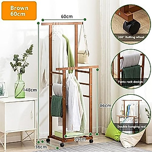 REROM Free Standing Coat Rack On Wheels,Bamboo Clothes Rails Garment Rails For Dress Pants Shoes Hats Easy Assembly Bedroom Floor Standing Garment Rack (Color : Log color, Size : 60cm)