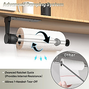 VEHHE Under Cabinet Paper Towel Holder, One Hand Operable Paper Towel Holder Wall Mount with Damping Effect, Self-Adhesive or Drilled for Kitchen, Bathroom. (Silver)