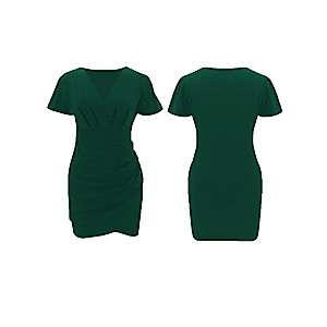 LYANER Women's Warp V Neck Ruched Short Sleeve Cocktail Bodycon T Shirt Mini Dress Dark Green Medium