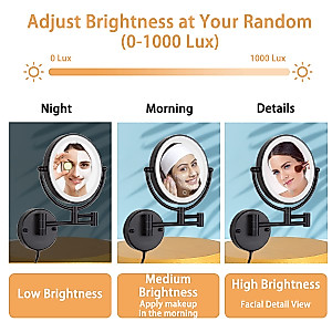 Wall Mounted Lighted Makeup Vanity Mirror 8 Inch Double Sided 1X 10X Magnifying Bathroom Mirror, Touch Screen Dimming, Extended Arm 360 Rotation Shaving Light up Mirror, Black