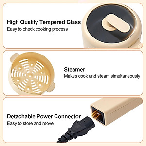 HYTRIC Hot Pot Electric with Steamer, 1.5L Portable Non-stick Frying Pan, Electric Cooker for Steak, Egg, Pasta, Ramen Cooker with Dual Power Control, Electric Pot for Office, Dorm, Camping, Yellow