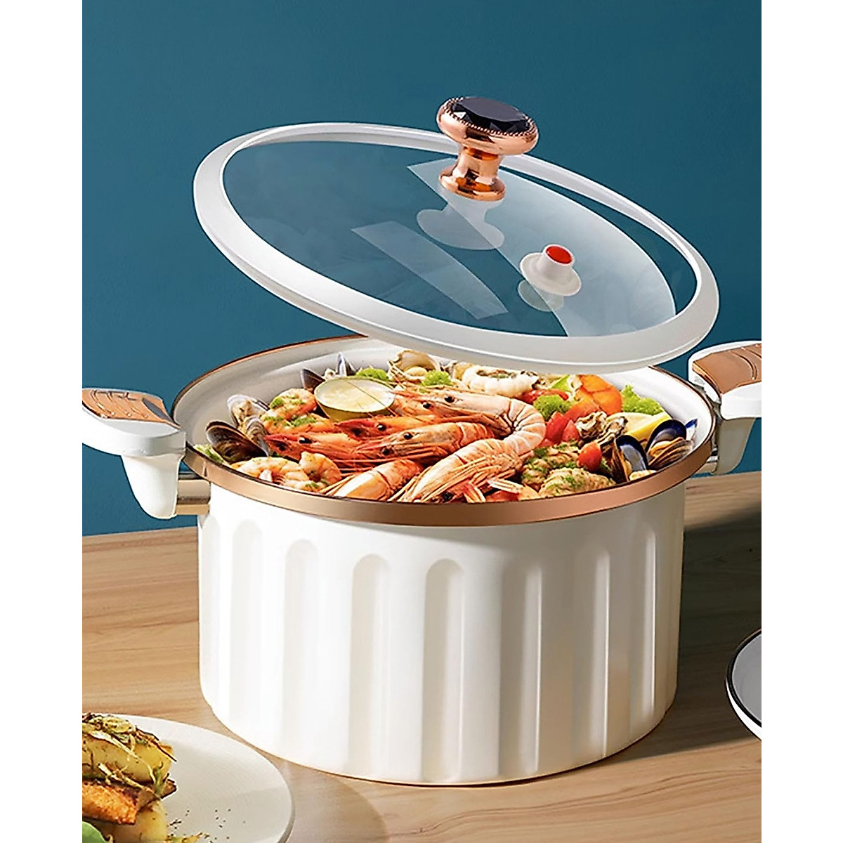 Olla de presion Non-stick Enamel Micro Pressure Cooker,Enamel Lining Pressure Cooker Non-Stick Push Pull Lock Pressure Pot with Lid Silicone Seal Spill-Proof Valve Pressure Pot,White