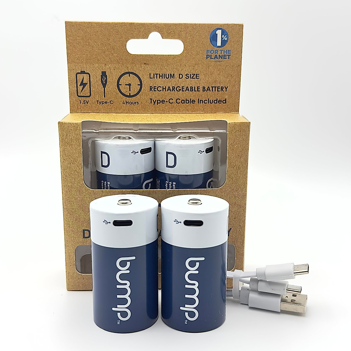 bump D 1.5V Rechargeable Batteries - 2 Pack - Lithium Ion, 12000 mWh, Fast & Long Lasting USB-C Charge, Use in Flashlights, Devices w/Extended Running Time Requirements, Charger Cable Included