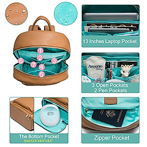 MOMINSIDE Small Diaper Bag Backpack, 13 Pockets Leather Mini Baby Bag Backpack, Breast Pump Bag, 13 Inch Laptop Sleeve, 2 Insulated Pockets, Bottom Compartment, Brown
