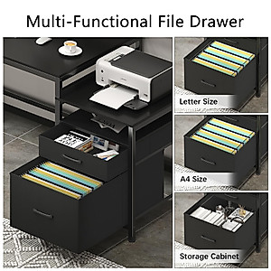 YOMILUVE L Shaped Desk with File Drawer and Storage Shelves, Reversible Computer Desk with Power Outlet for Home Office, Corner Gaming Desk with Full Monitor Stand