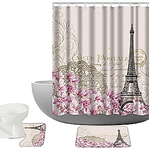 Amagical Paris Decor Collection Eiffel Tower with Pink Flowers Vintage Soft Color Art Print 3 Piece Bathroom Mat Set Shower Curtain Set Bath Mat Contour Mat Fabric Shower Curtian 12 Hooks
