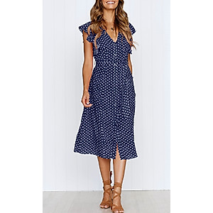 MITILLY Women's Boho Polka Dot Flutter Short Sleeve V Neck Button Down Swing Midi Dress with Pockets Small Dark Blue