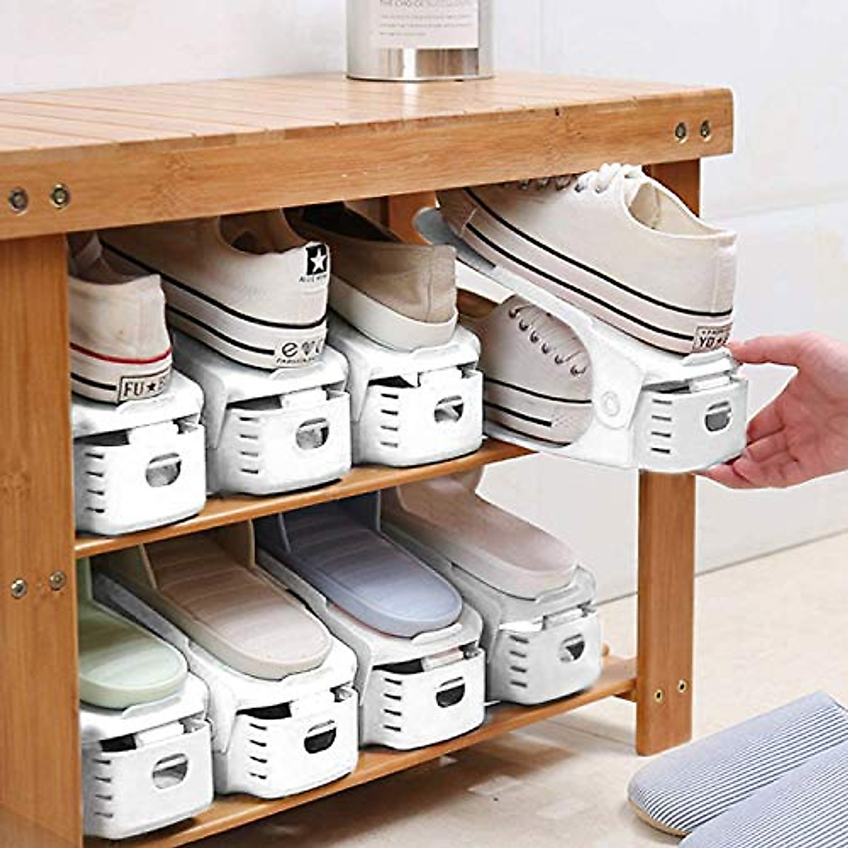 Set of 20 Adjustable Shoe Risers, Double Your Storage Space, 50% Space Saving Double Layer, Shoe Holder Rack Stacker Slots for Closet Shelf Organizer (White)