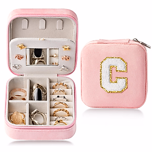 CY2SIDE Letter Velvet Travel Jewelry Case for Women - Pink Organizer for Ring, Earring, Necklace, Bracelet, Pendant - Vacation Gift for Lovers (Letter C)