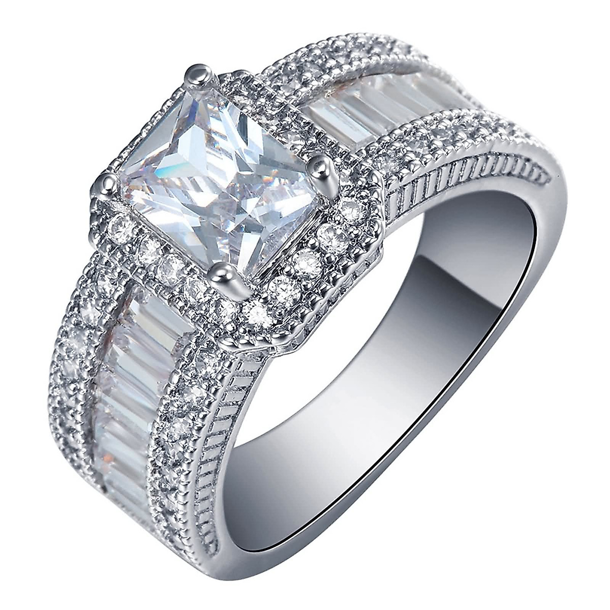 Unique Silver Ring, Cubic Zirconia Wedding Rings Elegant 4 Prong Rectangular Size 7 Jewelry for Women