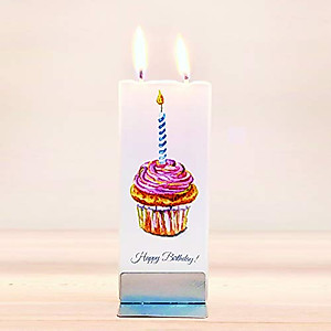 Flatyz Hand Painted Flat Candle - Happy Birthday Cupcake | Unique Birthday Gift | Unscented, Dripless, Smokeless, Decorative | Double Wick with Metal Base