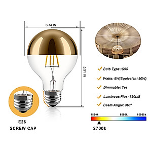 KarlunKoy Large Half Gold Light Bulb,8W (80W Equivalent) Dimmable LED Edison Bulbs,G95/G30 Globe Decorative LED Bulb Half Chrome Reflected Light 2700K Soft White E26 Base Pack of 2