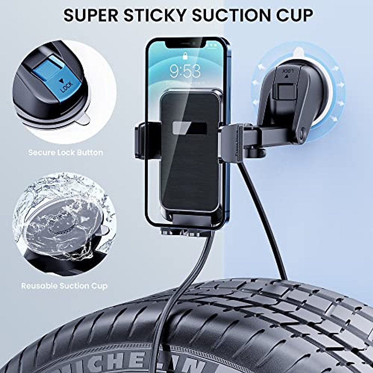 Phone Mount for Car Phone Mount [Military-Grade Super Suction] Phone Holder Car Mount for iPhone Automobile Cell Phone Accessories For Dashboard Windshield Air Vent Fit All iPhone Android Smartphones