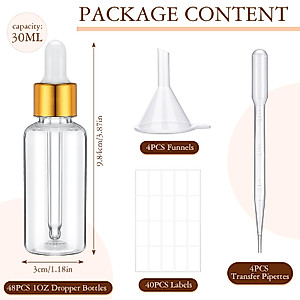 SiliFine 48 Pack 1 oz Dropper Bottle, Plastic Bottles Empty with 4 Funnels, 4 Long Pipettes, 40 Labels, 30 ml Eye Dropper Bottles for Essential, Cuticle, Body Oils, Tincture (Clear)