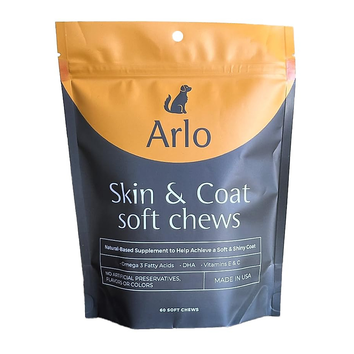 Arlo Pet Supplies Skin and Coat Supplement for Dogs, 60 Soft Chews, Omega 3 Fatty Acids, DHA, Vitamins E and C, Restore Soft, Shiny Hair and Diminish Irritation, Made in USA