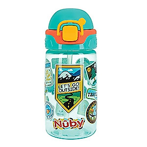 Nuby Kids No Spill Flip-it Adventure and Travel Sticker Water Bottle with Soft Silicone Straw: 18+ Months, 14oz / 420ml
