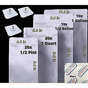 60 Mylar Bags for Food Storage with Oxygen Absorbers , 8 Mil 1Gallon 10.2"x13.8", 8.2"x12", 5.9"x8.5", 4.3"x6.3" Stand-Up Zipper Resealable Bags & Heat Sealable Food Storage Bags + Labels+hook up