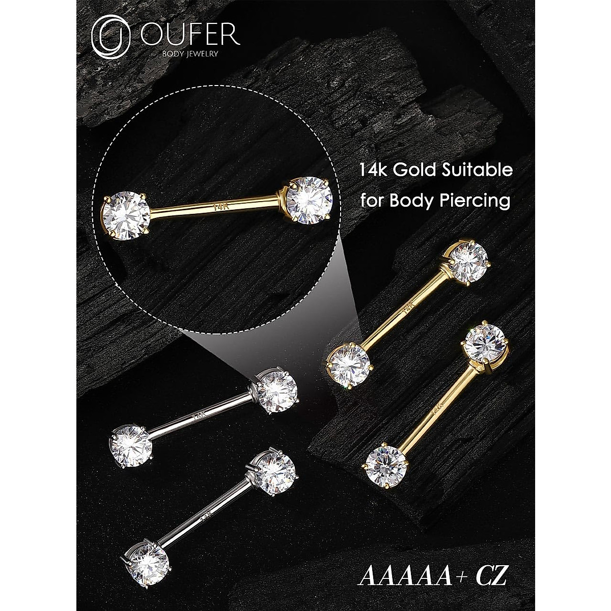 OUFER 2PCS Nipple Rings, 14K Solid Gold Nipple Piercing Jewelry, Clear CZ Nipple Piercing, 14G Nipple Barbells, Nipple Rings For Women Men