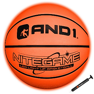 AND1 Nitegame LED Light Up Basketball - Impact Activated Glow in The Dark Basketball - Regulation Size 7 (29.5 inches), for Outdoor or Indoor Basketball, Sold Deflated, Comes in Black or Orange