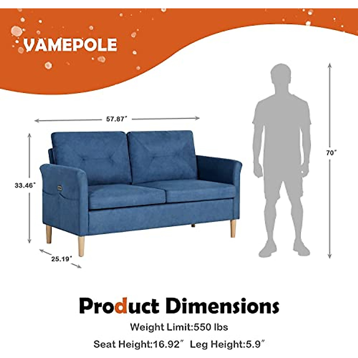 VAMEPOLE 58" Small Loveseat Sofa w/2 USB Charger Ports for Living Room, Mid Century Modern Decor Love Seat Couch, Small Love Seats for Small Spaces, Apartments, Dorm, Office (Navy Blue)