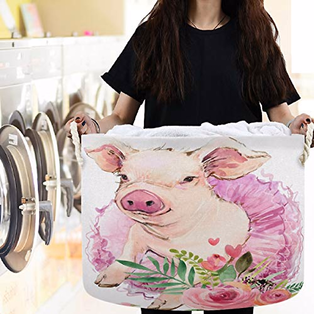 visesunny Storage Basket Cute Pig Pink Rose Nursery Hamper Basket Clothes Toy Storage Organizer Bin Box Collapsible Laundry Bag for Kid Room,Playroom,Bathroom,Living Room,Dorm,Office