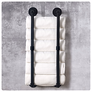 HouseAid Industrial Pipe Towel Rack, Farmhouse Bathroom Towel Storage Holder, Vintage Style Towel Organization, Wall Mounted, Matte Black