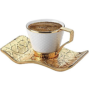 DEMMEX Stunning Espresso Turkish Coffee Cups with Metal Holders and Saucers Set for 6, 2.6 Ounces (White - Gold)