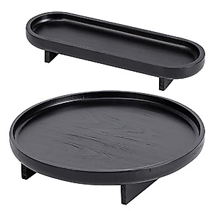 FERAHI Black Decorative Trays, 2 Pcs Black Trays for Coffee Table, Round Wood Serving Tray, Black Vanity Tray for Bathroom, Wood Riser for Kitchen, Black Tray Decor, Modern Farmhouse Decor