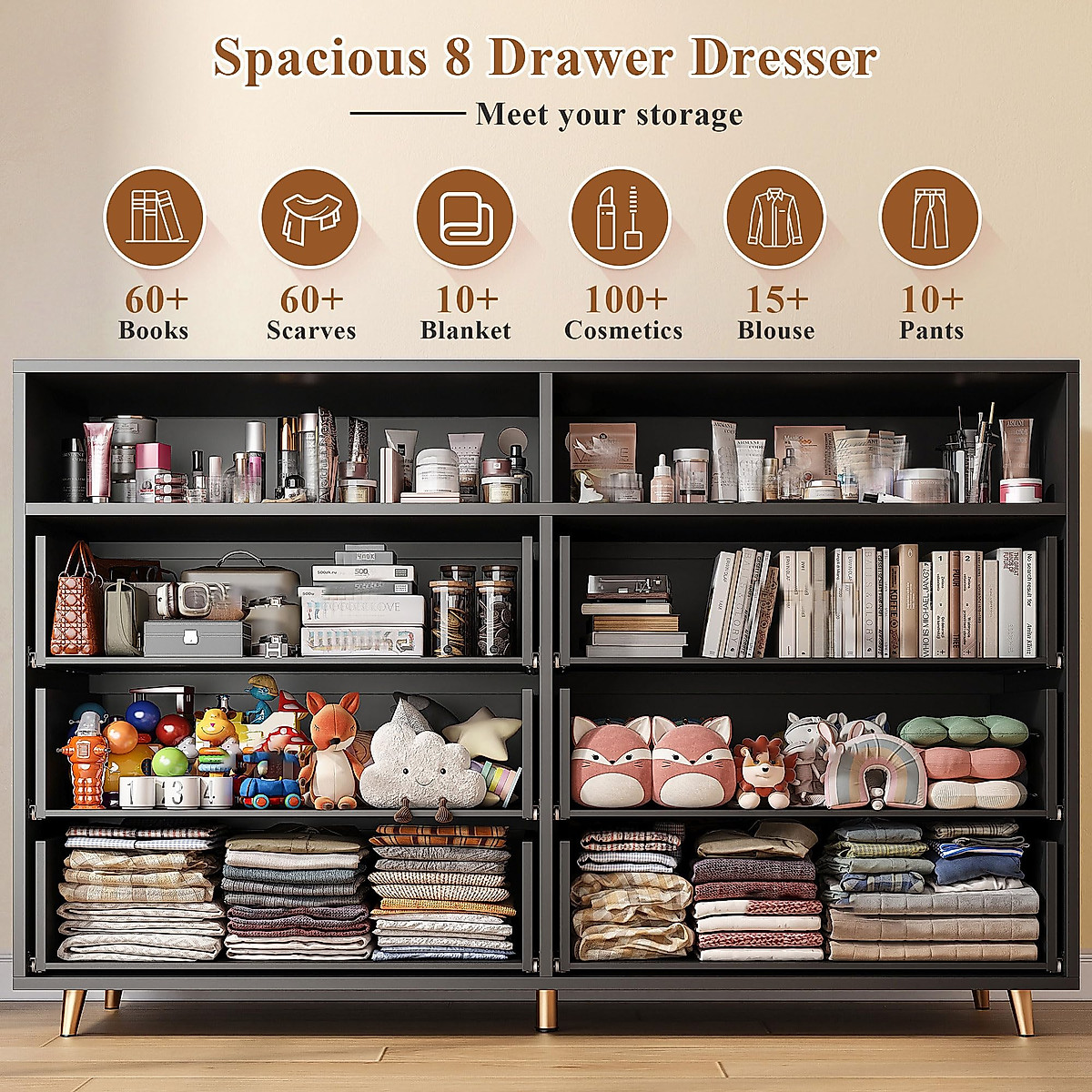 EnHomee Black Dresser with LED Lights, Wood Dresser for Bedroom with Wide Large Drawers and Metal Handles, Elegant Chest of Drawers for Clothes Storage Living Room Hallway Entryway, 47.2" W