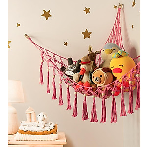 Stuffed Animal Storage Hammock Corner with LED Light - Toy Hanging Organizer Plushie Net - Pink Room Decor for Teen Girls - Cute Bedroom Aesthetic Nursery Kids Baby Toddler
