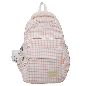 MOVEIF Striped Canvas Backpack with Cute Accessories Lightweight Shoulder Bag Casual Travel Daypack (Pink)