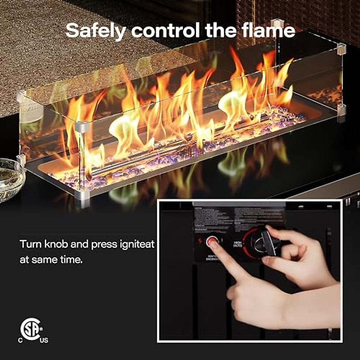 LAUSAINT HOME 43" Outdoor Fire Pit Table, 50,000 BTU Auto-Ignition Propane Gas Firepits with Glass Wind Guard, Fire Glass and Lid for Outside Patio