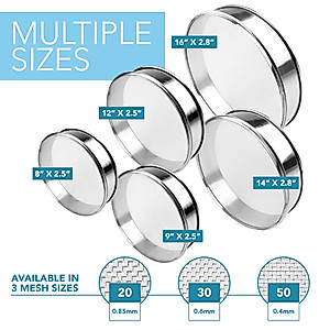 Vollum Stainless Steel Flour Sifter Fine Mesh Round Flour Sifter for Baking 8" Diameter x 2.5" High; Mesh-Hole Size 0.85mm