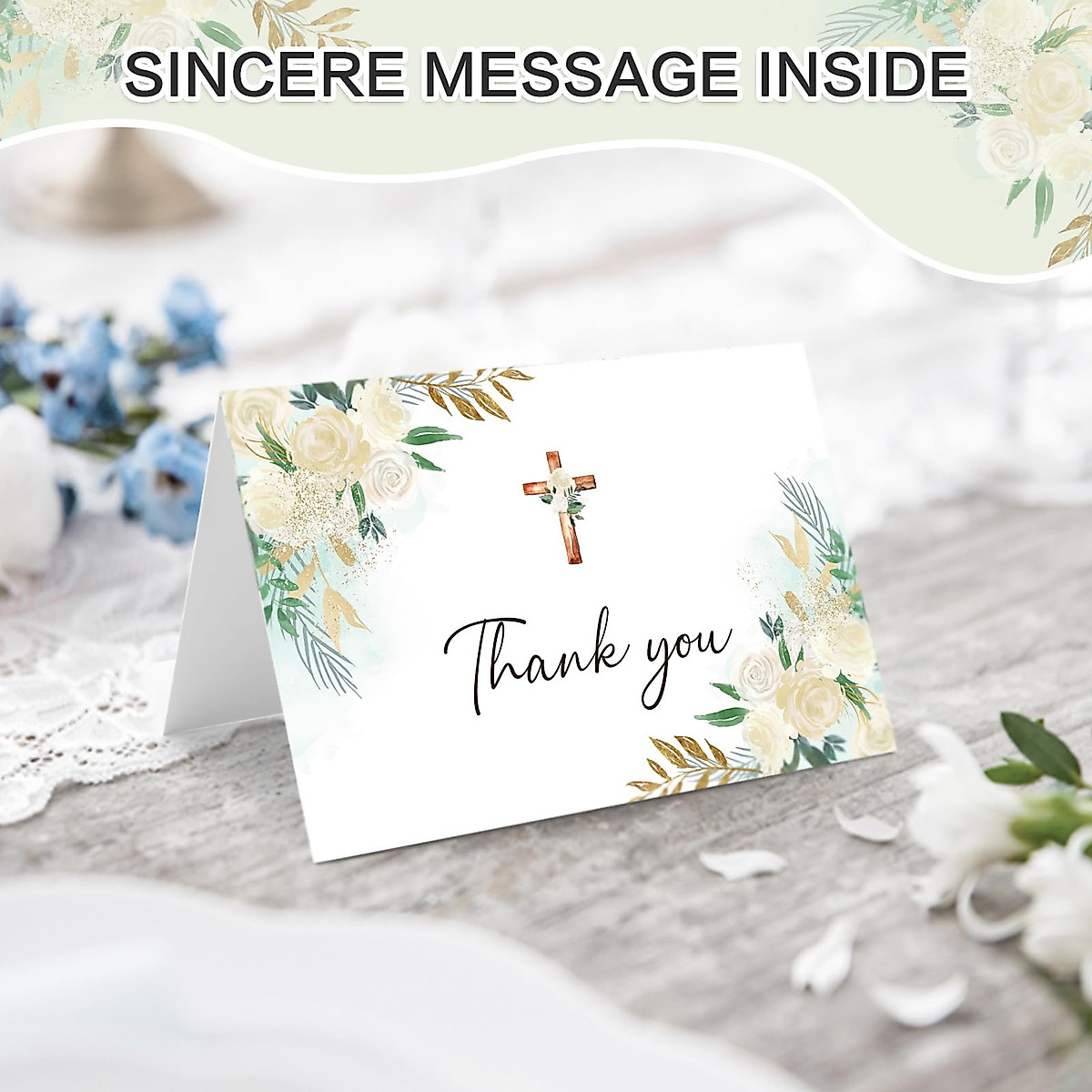 BYBOUS 25 Pack Thank You Cards with Envelope & Stickers, 4 * 6in Watercolor Cross Flower Blank Inside Thank You Card for Baptism, Wedding, Funeral, Bridal Shower, Baby Shower, Communion