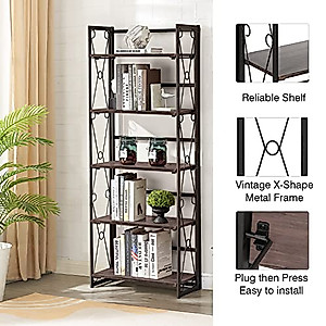 VECELO 5 Tier Bookshelf, Industrial Tall Bookcase with Metal Frames,Modern Standing Storage Rack Shelf Organizer for Home and Office,Dark Brown 24 x 12 x 62 inches