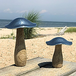WHW Whole House Worlds Farmers Market Mushrooms, Set of 2, Decorative Kitchen Sculpture, Art, Mango Wood and Hammered Silver Metal, 8 1/4 and 5 1/2 Inches Tall