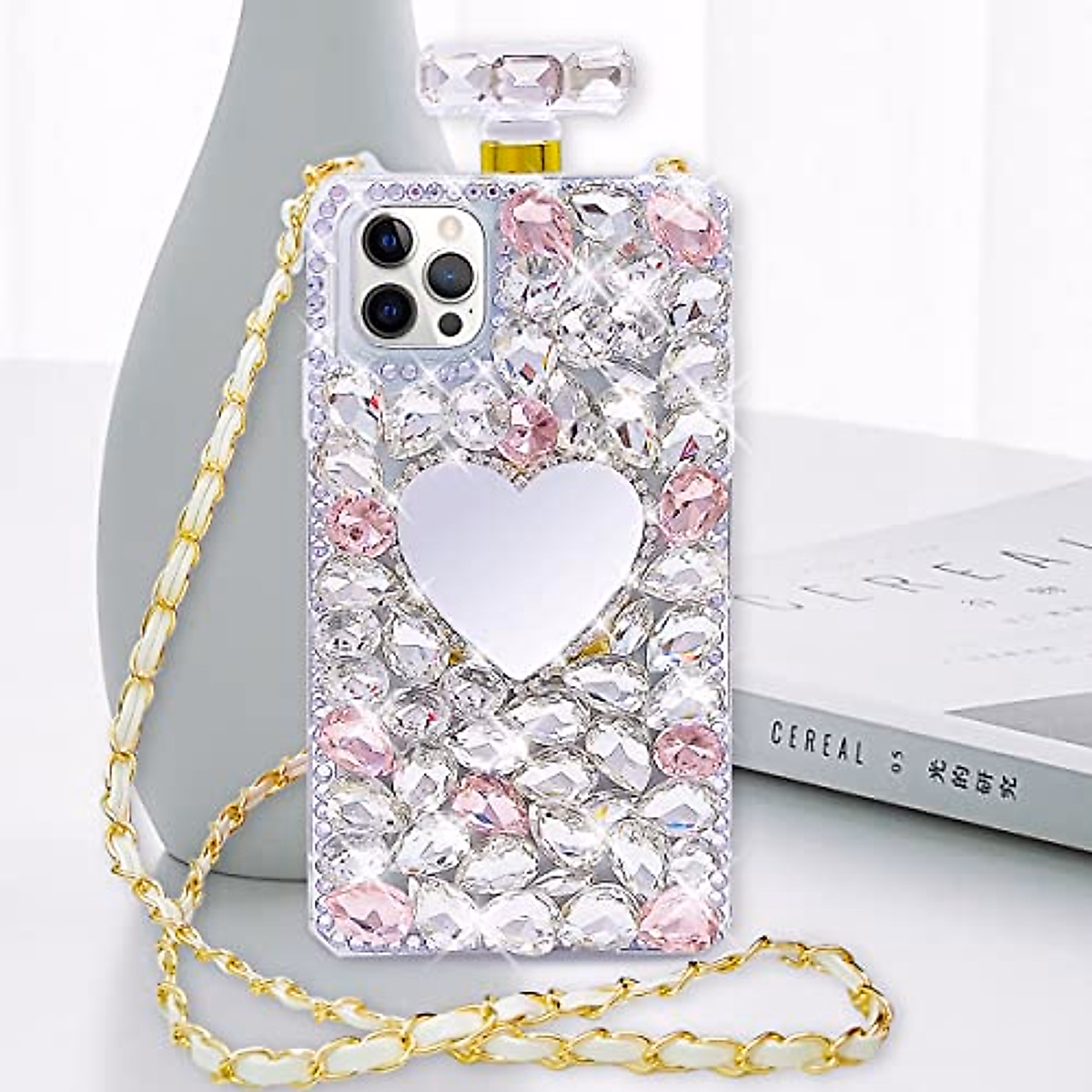 Losin Perfume Bottle Case Compatible with iPhone 14 Pro Max Bling Diamond Case Luxury Glitter Shiny Rhinestones Gemstone Cover Heart Makeup Mirror with Fashion Crossbody Lanyard for Women and Girls