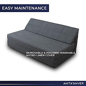 Anita Anver 60" Fold Out Couch Bed, Sleeper Chair Futon, Washable Linen Cover, Comfort Optimized Back-Support Design (Queen, Dark Grey)