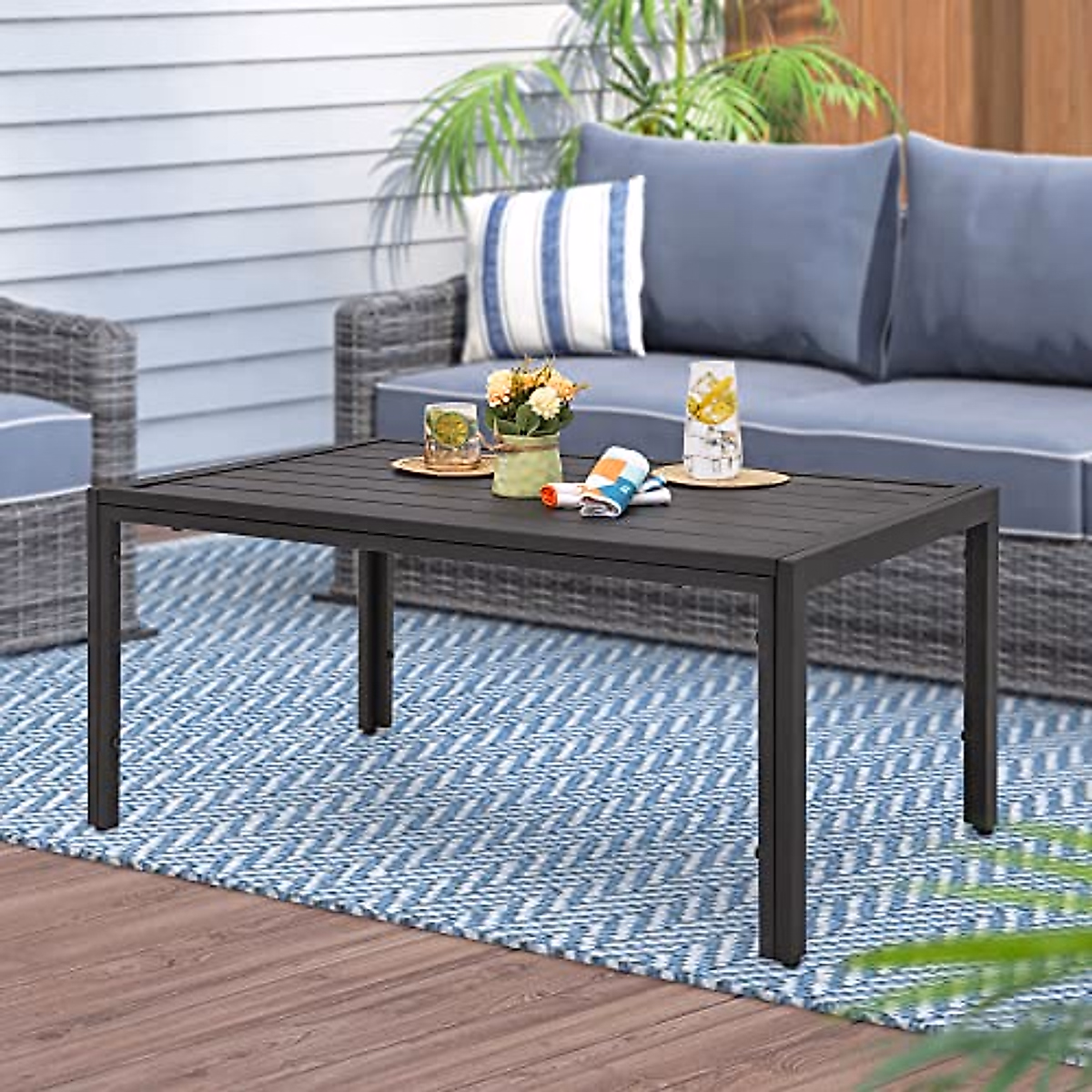 ABBLE Outdoor Coffee Table Steel Slat Black Coffee Table Indoor Outdoor Rectangle Patio Coffee Table for Living Room Café Courtyard Poolside Backyard (Black)